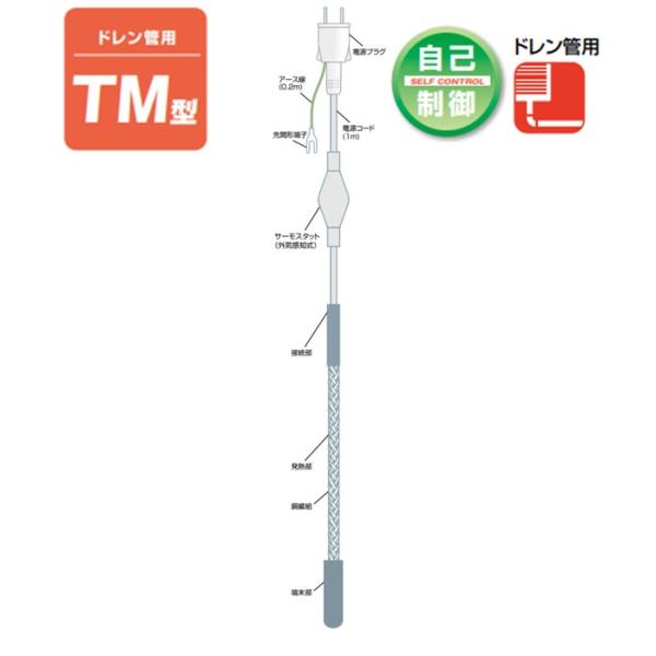 ◎ドレン管用　TM型■仕　様・型　番　　　　：TM-1・定格電圧　　　：100V・消費電力(10℃)：14W・発熱部の長さ　：1ｍ■用途● 給湯器ドレン管の凍結防止。●ヒートポンプのドレン管の凍結防止。■特　長●ドレン管専用凍結防止ヒーター...
