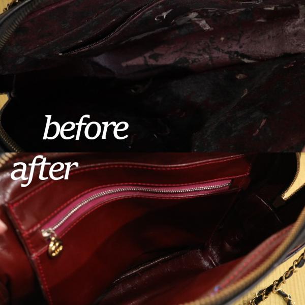 レザーバッグの内側補修　張替え掲載事例バッグの内側の劣化を張り替え補修ファスナー交換ファスナートップのブランドロゴがちぎれているのを補修●商品によりご指定通りのお直しが出来ない場合は、作業前に,連絡させていただきます。●デザインによっては、...