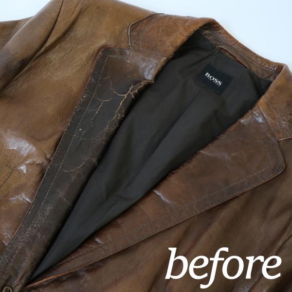 レザージャケット、ライダース、レザーアウターの衿補修掲載事例テーラー衿の下側部分を似た色の革で取り換え左右ともに取り換え●商品によりご指定通りのお直しが出来ない場合は、作業前に,連絡させていただきます。●デザインによっては、料金が増減する場...