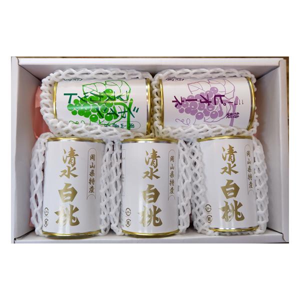 岡山を代表する桃（清水白桃）とぶどう（シャインマスカット・ニューピオーネ）を特製のシロップで漬けました。果肉とシロップの絶妙なバランスが、果肉の旨味を一層引き立てます。