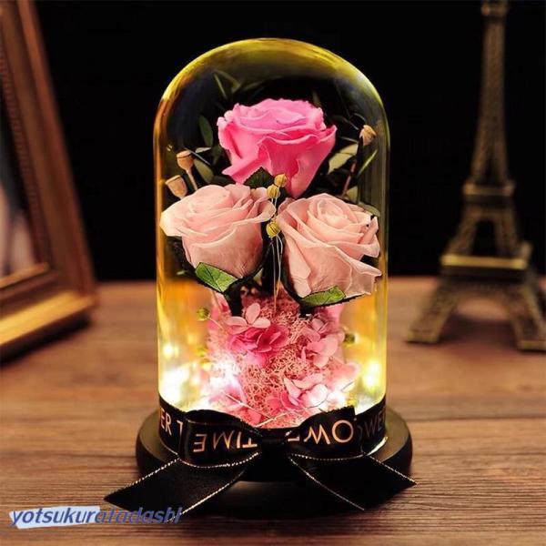 ドライフラワー プリザーブドフラワー ボックスプセント 永遠の花 バラ ledライト ギフト ガラスドーム ケース入り ラッピング済み 妻サイズ：直径12cmX高さ18cmポット：ガラス台座：天然木LEDライト付き：スイッチと電池交換は底面...