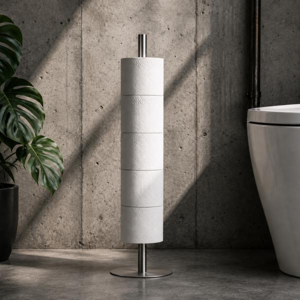 置くだけでトイレ空間をすっきり整える、シンプルで上品なトイレットペーパースタンドです。予備のトイレットペーパーを縦に収納できるため、省スペースながらしっかり収納可能。生活感が出やすいトイレ用品を、インテリアになじむ美しいデザインでスマートに...