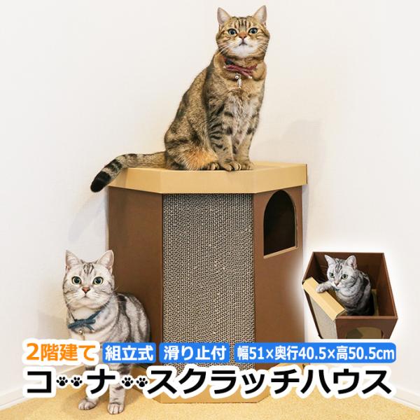 爪とぎがセットになった、2階建て猫ハウス（組立式）♪1階と2階の部屋を行き来ができます。部屋の角にもぴったり納まり、底面には滑り止めが付いているのでずれにくく安心です。天板の上でくつろげます。天板の耐荷重は約10kgになります。※中の棚板の...