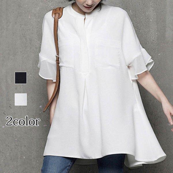 トップス シャツ ブラウス シフォンチュニック 黒 白 チュニック シンプル 無地 透かし シースルー 大人可愛い 体型カバー レディス レディース 夏 新作 2021 ビッグシルエット後丈長チュニックブラウス◆サイズ◆ M/L/XL/2X...