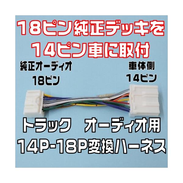 2017年以降の小型、中型、大型のトラックに採用されている18ピンオーディオを、従来の14ピン車に移設するための変換ケーブルです。車体側　14ピンオーディオ側　18ピン※オーディオ側から出ているギボシ端子はステアリングスイッチ１・２です。適...