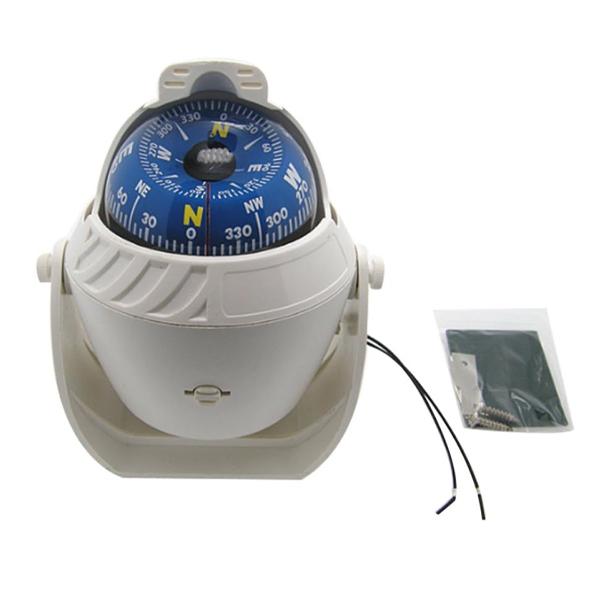 ・カラー：ホワイト×ブルーオイル式コンパスは針の振れが少なく、静かに静止し正確な方向を指し示します。12V電源に接続するとライトが点灯致しますので暗い場所でもしっかりと方角を確認出来安心♪ブラケットを2本のネジで船体に固定可能！可動式フード...