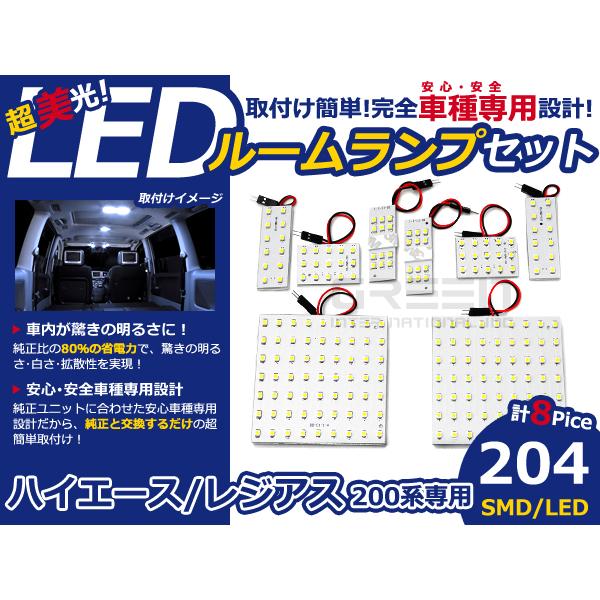 ■参考適合車種■・メーカー：トヨタ・車種：ハイエース・型式：TRH200系・型タイプ：前期後期・年式：H16.01〜・カラー：ホワイト・LED種類：SMD/LED・発数：204・Ｐ数：8◆セット内容：フロントマップランプ：12FLUX/LE...