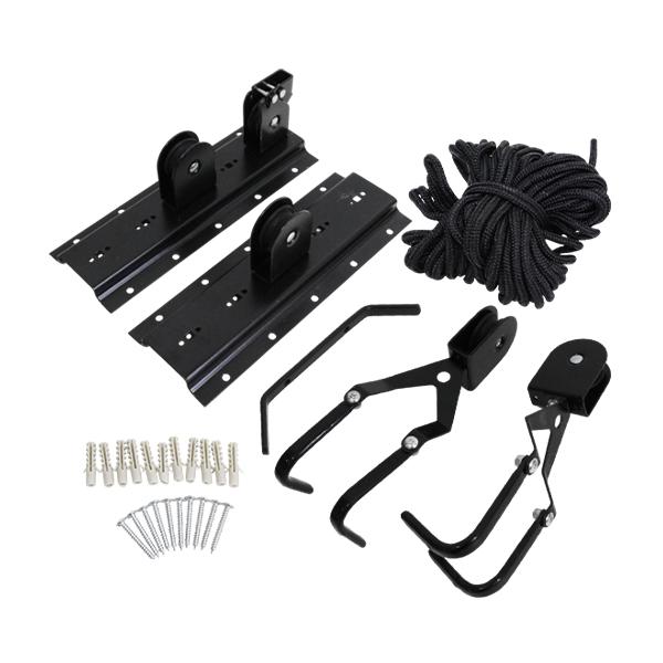 ・商品仕様：【カラー】ブラック【材質】本体スチール製【ロープ長さ】約12m【吊下げ高さ】最大約4m【耐荷重】22kg【適応ホイルサイズ】24インチ、26インチ、700ｃ■セット内容商品画像をご参照ください。ガレージなどのスペースを最大限に活...