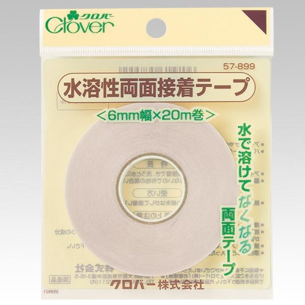 布と布の仮止め用。きれいに水に溶ける両面接着テープ。サイズ・容量6mm幅×20m巻パッケージサイズ：95×120×6.3mm規格■生産地：日本■素材・成分：アクリル系粘着剤、ポリビニルアルコール