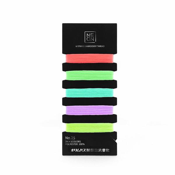ネオン感のある圧倒的発色、柔らかく糸すべりの良い刺し心地、思わずそろえたくなる3種(全15色)のカラーバリエーション。ファンシーだけど甘くない、透明感のあるパステルネオンカラー。刺しゅうにさりげないアクセントを。素材：NEON25番刺しゅう...