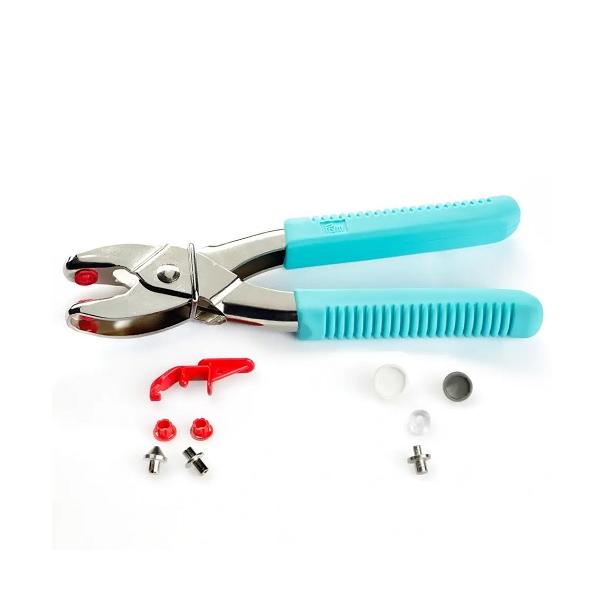 プレスファスナー、アイレット、ジーンズのボタン、リベットなどの非縫製製品用の多用途プライヤー。「カラースナップ」ツールセットが含まれています直径3mmと4mm用のピアシングツール付き寸法：19.5cm色：ミント材料構成：スチールプラスチック...