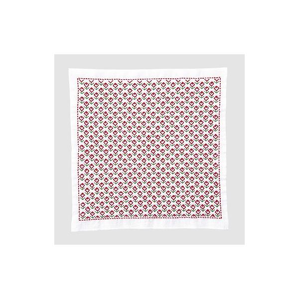 <出来上がり寸法>約縦34cm×横34cm<キット内容>●晒木綿（綿１００％）：白　●作り方説明書●刺し子糸（綿１００％）●刺し子針<備考>図案は布にプリント済み。<重量> 約53g