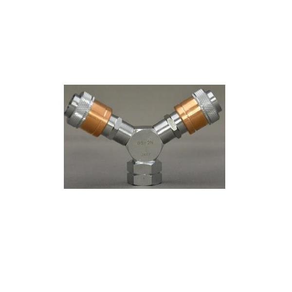 アセチレン調整器から二又に分岐する用途に使います。ワンタッチカプラ（メス）2口に分岐できます。