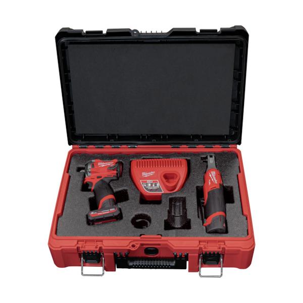 【特長】自動車整備向けのお得コンボキットです。M12 FUEL 工具2種類、バッテリー2個、充電器1個、PACKOUTツールボックス1個がセットのパワーパックです。【仕様・規格】 インパクトレンチ　M12 FIW38-0C0 JP：差込角(...