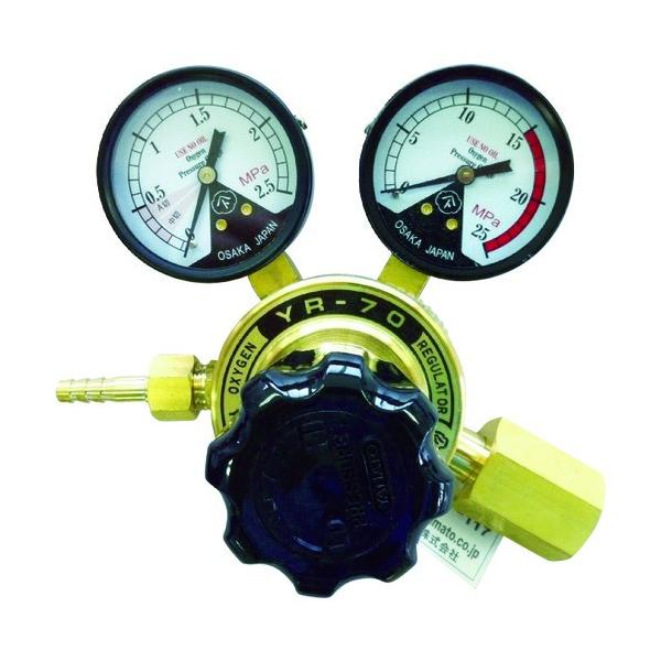 ヤマト産業 酸素調整器（関東式）YR-70-OXEです。新JIS対応品です。オール真鍮製です。酸素ガス用調整器。1次側使用圧力：2〜15MPa2次側使用圧力：0.2〜0.99MPa型式：関東式袋ナット
