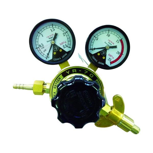 ヤマト産業 酸素調整器（関西式）YR-70-OXWです。新JIS対応品です。オール真鍮製です。酸素ガス用調整器。1次側使用圧力：2〜15MPa2次側使用圧力：0.2〜0.99MPa型式：関西式チョウねじ