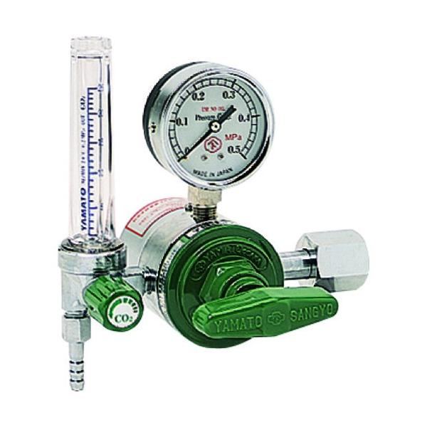 ヤマト産業 炭酸ガス調整器 YR-507F-11-CO2です。炭酸ガス25リットル流量計付です。ヒーター内蔵タイプのため、電源100Vが必要です。炭酸ガス用調整器。1次側使用圧力：2〜15MPa2次側使用圧力：0.2MPa（CO2）溶接器用...