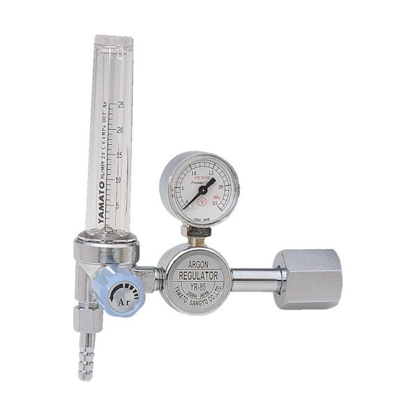 ヤマト産業 アルゴンガス用圧力調整器（流量計付）です。圧力設定式なのでボンベバルブを開くと同時に使用できます。精度の高い安全弁を使用していますので二次側の異常昇圧に対しても安全です。