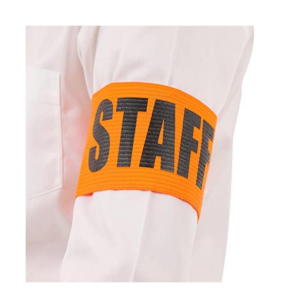 「商品情報」「主な仕様」「STAFF」の文字が入った 伸び縮するバンドとサイズ調整可能なマジックテープ付きの腕章です。安全ピン不要、クリップ留め不要素材：ポリエステル　全体サイズ：32cmx7cm 適合する腕の太さ周り18cm〜30cmこち...