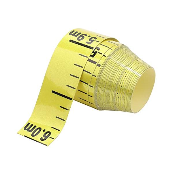 「商品情報」「主な仕様」縦書き・縦読みのメジャー（定規）になったステッカー シールです。背景黄色/黒字 センチメートル単位　幅35mm 長さ2m、幅35mm 長さ6m1センチ単位で測れる、貼れるメジャーステッカー。粘着シールがフィルムでコー...