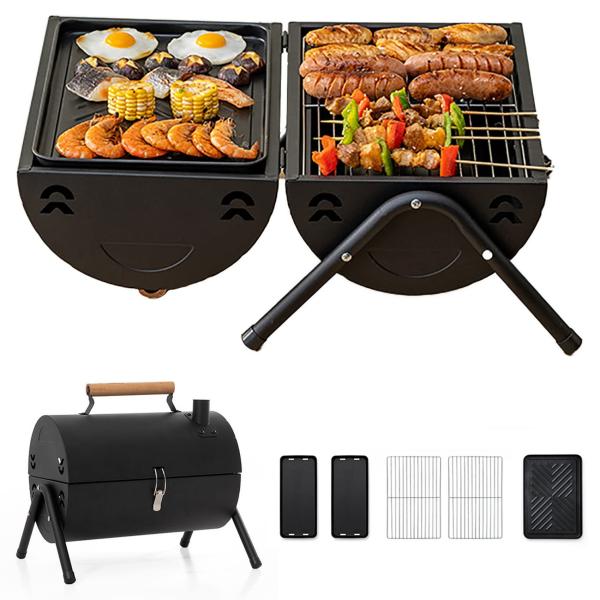 【ポータブルバーベキューコンロ】製品サイズ約37.5 cm*25 cm*38 cm、重量約4 KG、白と黒の2種類があり、2つの焼き網、2つの炭受けと1つの焼き皿が付属しています。多機能なバーベキューコンロで、屋外バーベキュー、パーティー、...