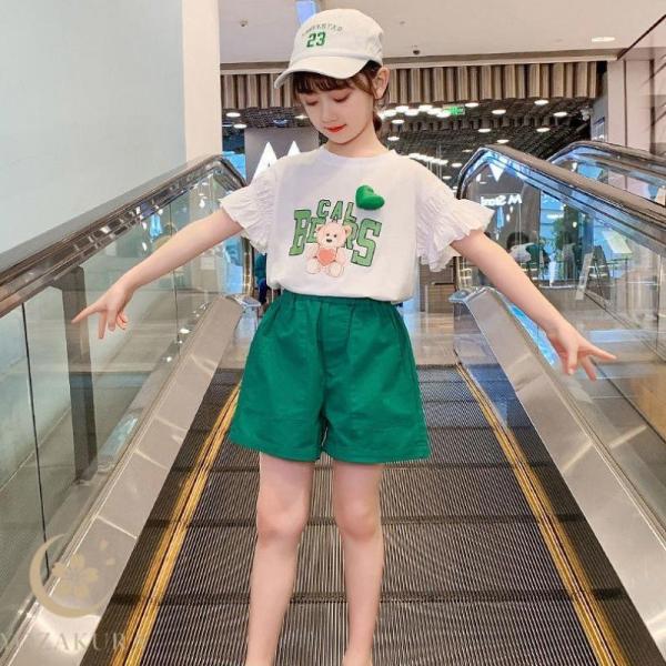 女の子 セットアップ  キッズ半袖 Tシャツ ショットパンツ 2点セット ジュニア 可愛い 子ども 夏 お出かけ 普段着 遠足 通学 スウィート■素材：ポリエステル■セット内容：Tシャツ+ショットパンツ■サイズ：（単位：cm）【110】 お...