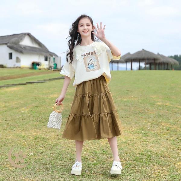 爆買 女の子 セットアップ  キッズ半袖 Tシャツ スカート 2点セット ジュニア 可愛い 子ども 夏 お出かけ 普段着 遠足 通学 スウィート■素材：綿■セット内容：Tシャツ+スカート■サイズ：（単位：cm）【120】着丈43 バスト80...