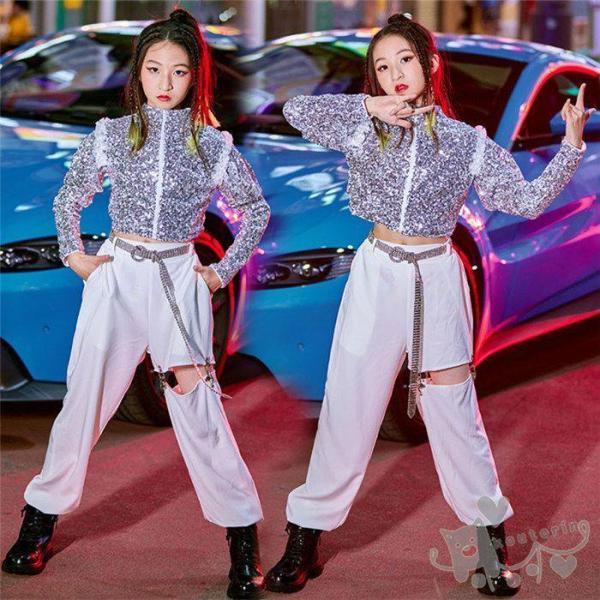 キッズ ダンス衣装 セットアップ  キラキラ 長袖トップス ホワイト ロングパンツ へそ出し 女の子  舞台服  演出服 K-POP ステージ衣装 練習着 体操服  応援団 120-170cm      キッズダンス衣装  女の子 単品or...