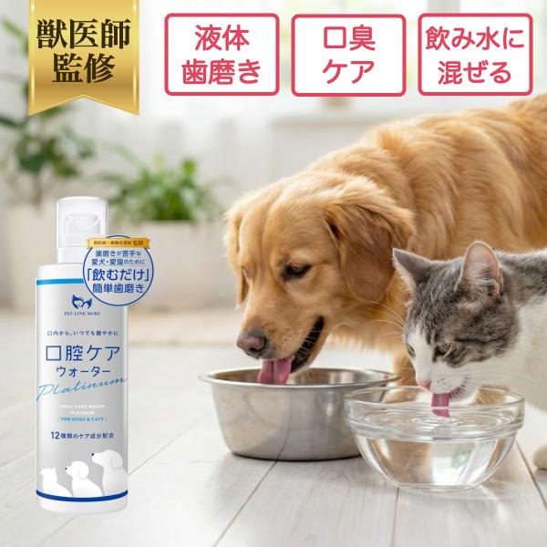 犬や猫の気になる歯垢、口臭に悩んでいませんか？PET LINK MOREの口腔ケアウォーターは、犬猫専用に開発された簡単デンタルケアです。飲み水にまぜるだけで、口腔内の臭いや汚れを予防し、清潔に保ちます。