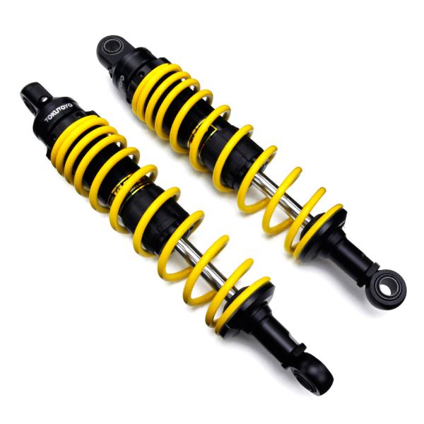 商品仕様：■状態：社外新品　未使用■カラーボディー：ブラックスプリング：イエロー■サイズ取付長：約340mm最大直径：約62mm線径：約7mm上部取り付け穴：内径10mm、12mm、14mm上部取り付け幅：20mm下部取り付け穴：内径10m...