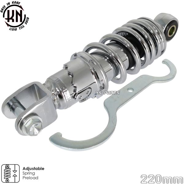 ■定価9800円(税別)■カラーメッキボディ/メッキスプリングスプリング全長220mm■対応車種ヤマハ50cc/80cc/90cc/100cc車両（純正長220mm〜240mm）にて下記ピッチを満たす車両全車OK※50cc/90cc車体ベー...