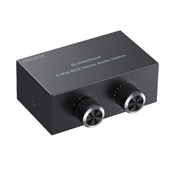 「RCAステレオ音声切替器」：4-IN-1-OUT / 1-IN-4-OUTオーディオセレクターで、機器を双方向に入出力できます。複数のオーディオソースと出力機能を備えています。「4ポート 双方向切替」：4入力1出力：四つの音声ソースをIN...