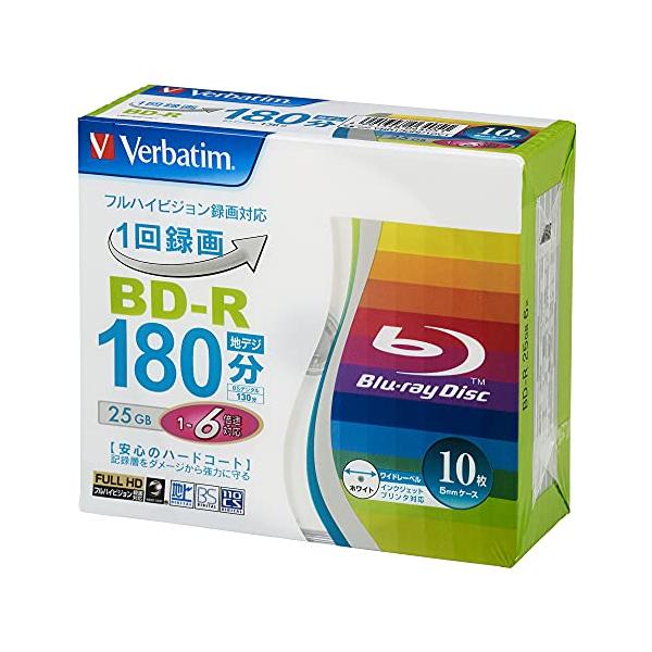 品種:録画用 BD-R25GB1回録画用録画時間:地デジ 180分 / BSデジタル130分盤面印刷:○ホワイト / 範囲:22mm-118mmワイド倍速:1-6倍速,ケース:5mmスリムケース,入り数:10枚