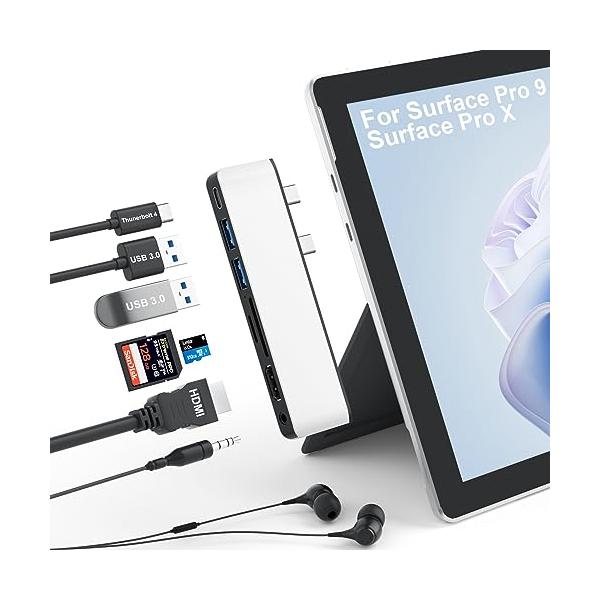 最新型Surface Pro 9/Pro X専用USB ハブ: サーフェス pro 9/Pro X専用、2つのUSB-C接続を7ポートに変換します2 X USB 3.0ポート、4K@30Hz HDMI、USB-C Thunerbolt 4 ...