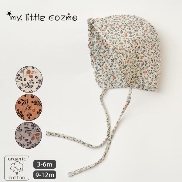 商品名：オーガニックコットン ベビーダブルガーゼプリントボンネット MY LITTLE COZMOサイズ・・・3-6M(68cm):頭囲44cm 縦18cm 横15cm 紐の長さ25cm9-12M(78cm):頭囲48cm 縦20cm 横1...