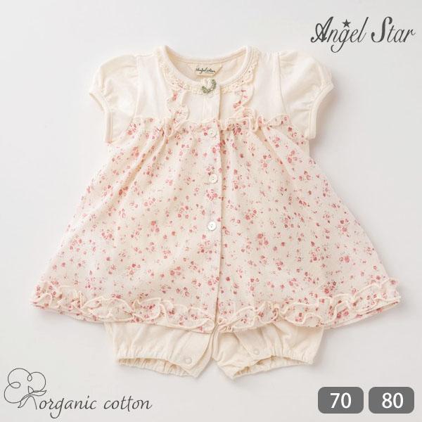 商品名：オーガニックコットン ベビーフラワープリントチュニック ショートオール（半袖） エンゼルスターサイズ・・・70cm(6ヶ月):身幅25cm 着丈38cm 肩幅18cm 袖丈8cm80cm(1歳):身幅27cm 着丈45cm 肩幅20...