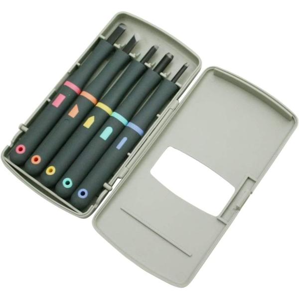 サイズ：16cm本体重量：185g素材・材質:刃/付鋼製刃 ハンドル/ABS樹脂・エラストマー樹脂の二重構造【セット内容】・平刀・切出刀・三角刀・中丸刀・小丸刀