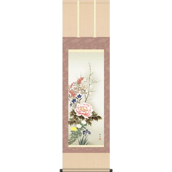 ★無料サービス★風鎮プレゼントまたは、贈答用の水引掛けを無料でお書きさせていただきます。ご希望の場合は備考欄にご記入ください。咲き競うように艷やかな四季の吉祥花たちを一堂に描く。四季を通じて飾っていただける人気の構図が典雅な趣を醸し出してく...