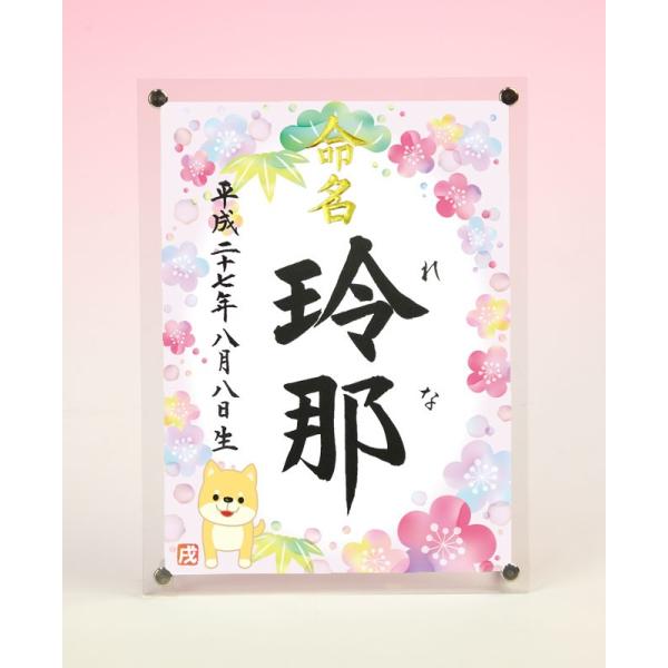 「紫外線カットタイプ」のアクリル板を使用した、省スペースで飾れる命名スタンドです。