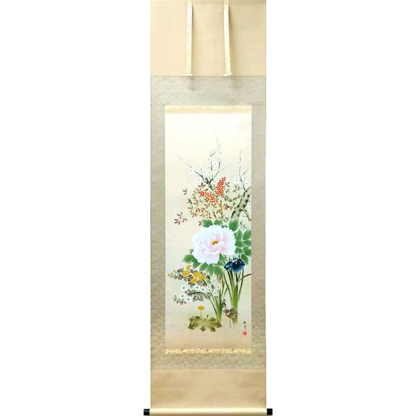 ★無料サービス★水引ラッピング、または名前等を桐箱のフタ裏へ筆耕致します（毛筆手書き）花の王様といわれる牡丹を中心に四季折々の代表的な花を一幅に収めた作品です。春夏秋冬の花々が薫り高く漂い、それぞれの花が生命の息吹を感じさせ、見る人の心を生...