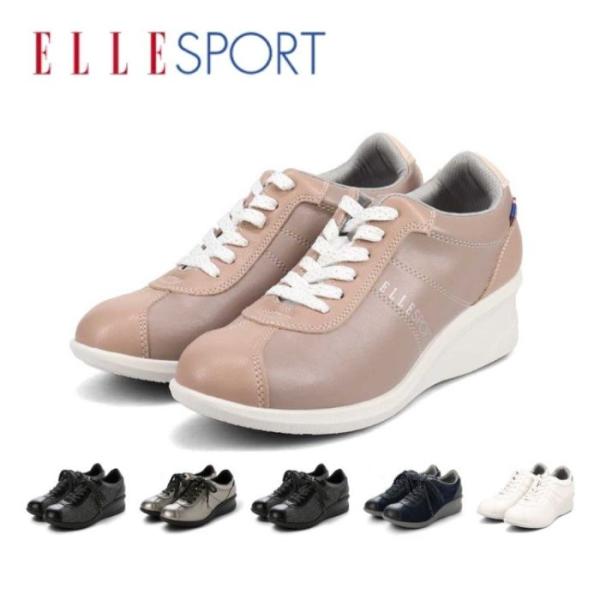 ◇エル スポーツ ELLESPORT レースアップウェッジスニーカー◇エレガントな印象のウェッジヒールが特徴のレースアップシューズ。ソフトで足馴染みの良いソフトストレッチPU素材を使用。キラキラと光るレースアップがアクセントに。アッパー：合...