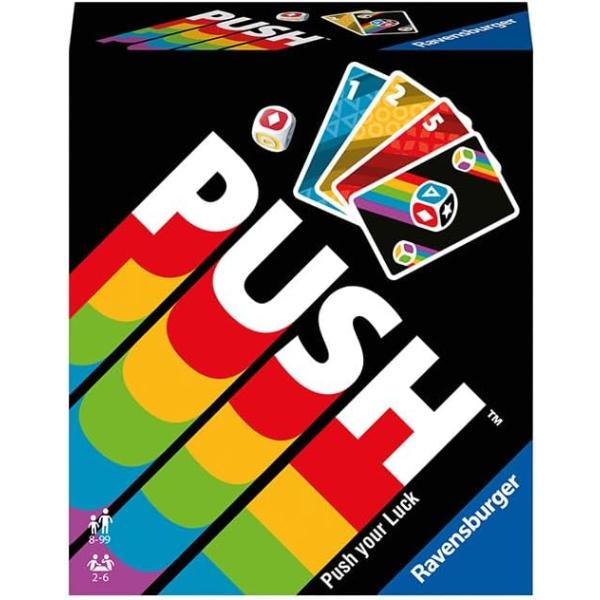 プッシュ Push / Ravensburger / Prospero Hali作/2〜6人・8歳以上・20分手軽に楽しめるカードゲームです。ルールに従い3つの列にカードを並べてはそれをとり、数字のカードを集めていきますが、引き取った列にダ...