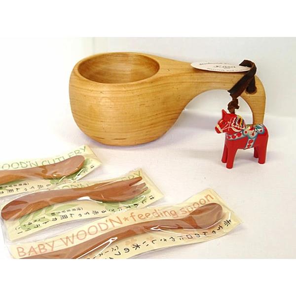 北欧の伝統的なカップ≪ククサ≫とダーラナホース、ベビーカトラリーがセットに！！ ■にぎにぎフォーク■にぎにぎスプーン　先丸・サイズ（ミリ）：長さ107ｘ横幅23（共通）・素材：サオ・塗装：ウレタン塗装(マット仕上げ）■フィーディーングスプー...