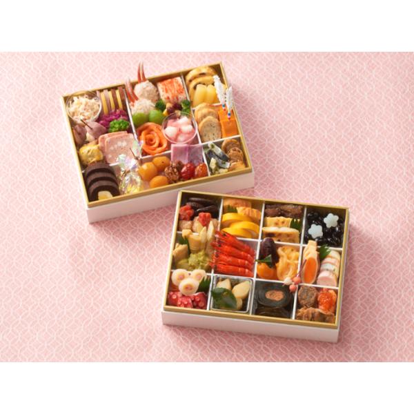 ●お手軽に伝統的なおせちが味わえる二段重です。※お召し上がる前に冷蔵庫(5℃〜10℃)または冷暗所で解凍してくださいサイズ　:19.6ｘ25.6×13.4cm保存方法：要冷凍(-18℃以下)