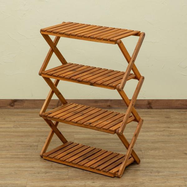 天然木アカシア折畳みウッドラック4段ワイド　ブラウン saka-unl27br折りたためて持ち運びにも便利な木製ラック4段ワイドシューズラックにどうぞ、いろいろな用途に使用できます。丈夫で軽く虫がつきにくいアカシア材を使用。オイルステイン塗...