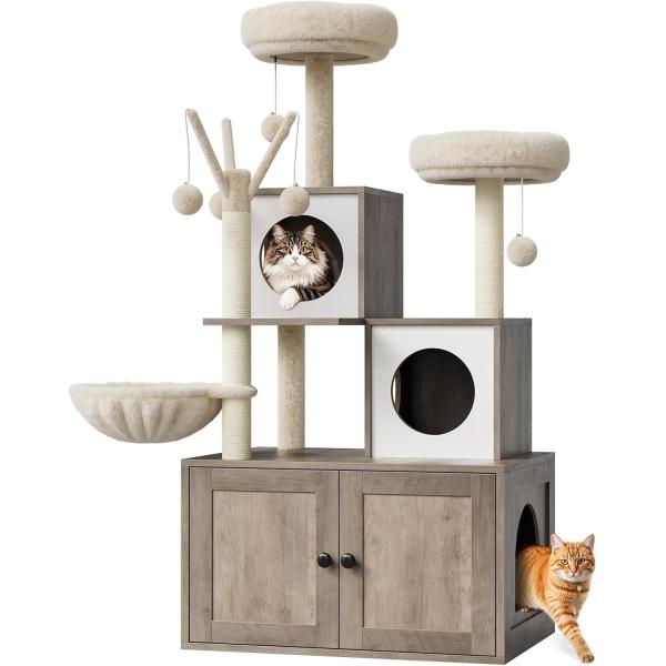 【3in1多機能キャットタワー】 猫トイレ収納・キャットハウス・キャットタワーを一体化した多機能設計。遊ぶ、眠る、隠れる、トイレまでこれ一台で完結し、省スペースで快適な猫空間を実現します。【隠せる猫トイレでお部屋スッキリ】 下段には猫トイレ...