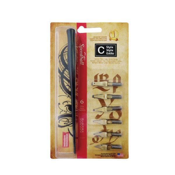 ペンホルダーとCタイプペン先が6種類、各1本が入ったセットです。　ペン先がフラットタイプ。イタリック体やローマンゴシック体などのカリグラフィーに最適。線描きや曲線にも。　セット内容　・C型ペン先6本(C0、C1、C2、C3、C4、C5)　・...