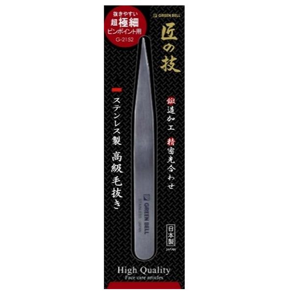 挟んだ毛を離さない。先が超極細だから毛を1本ずつ捉えやすく、毛の密集部分でも、ピンポイントで抜けます。  商品名：匠の技 ステンレス製 高級毛抜き（極細） 生産国：日本 商品サイズ：L100mm/12g パッケージサイズ：H130×W38×...