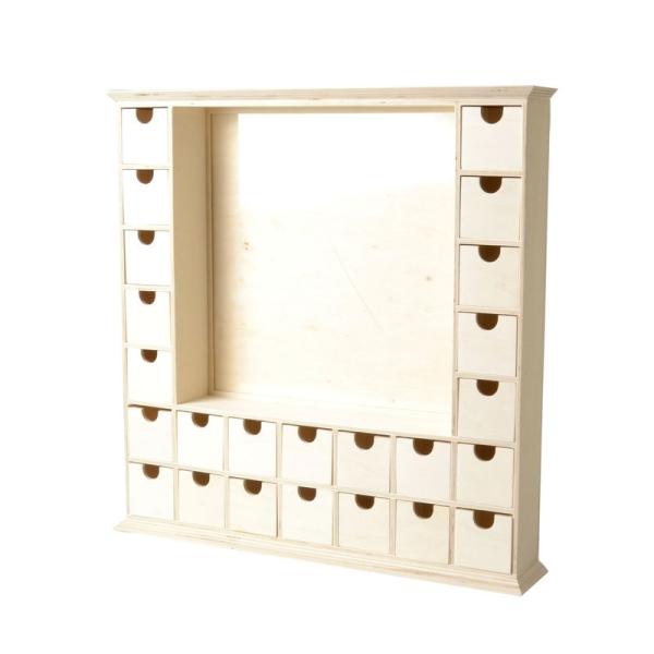 ヨーロッパ、ベルギーデザインの無地の木製品・フレーム（額）型のアドベントカレンダー。ペイント、スタンプ、デコパージュ、マスキングテープなどでデコレーションできます。24 引き出し。　●サイズ：高さ44×幅44×奥行7cm　※こちらの商品は加...