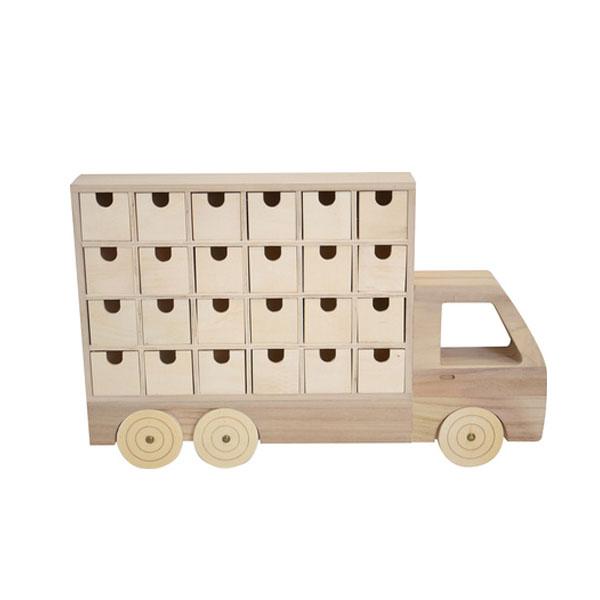 ヨーロッパ、ベルギーデザインの無地の木製品・トラック型のアドベントカレンダー。ペイント、スタンプ、デコパージュ、マスキングテープなどでデコレーションできます。24 引き出し。　●サイズ：高さ31.2×幅48.2×奥行6cm　重さ：1550グ...